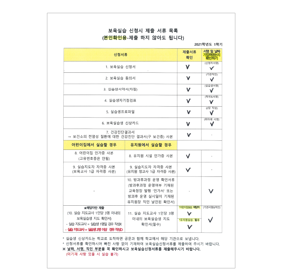 보육교사2급 보육실습 안내 보육실습 서류 보육실습 신청서류